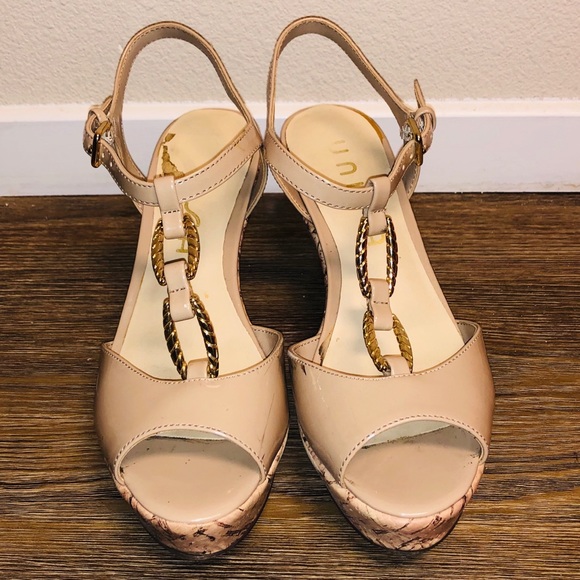 Unisa | Shoes | Unisa Gold Beige Cream Metal Accent Strappy Cork Wedge ...